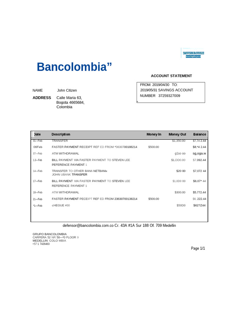 Bancolombia Account Statement Overview | PDF