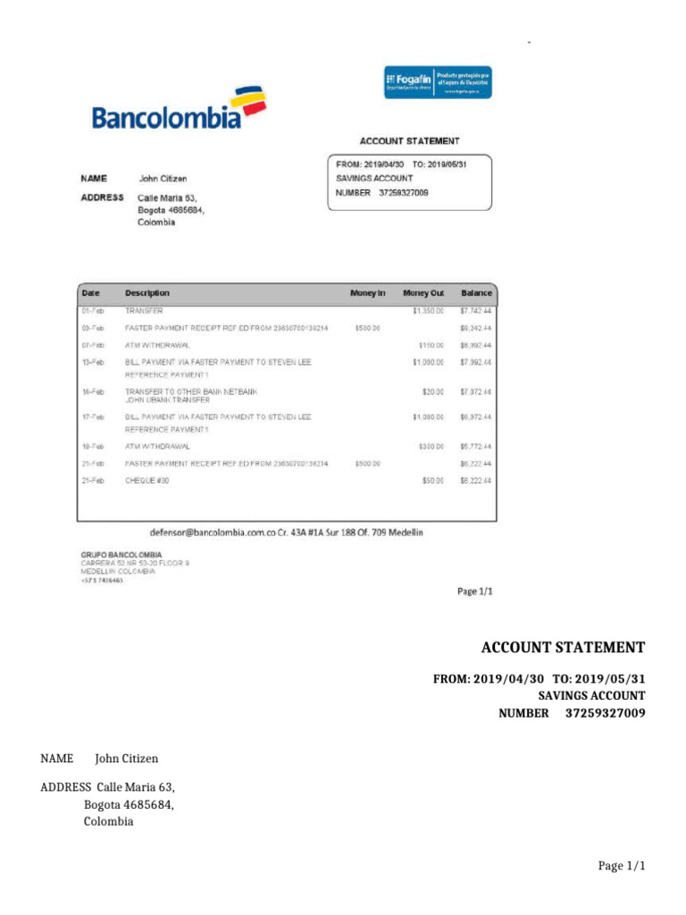 Bancolombia Account Statement Styled | PDF