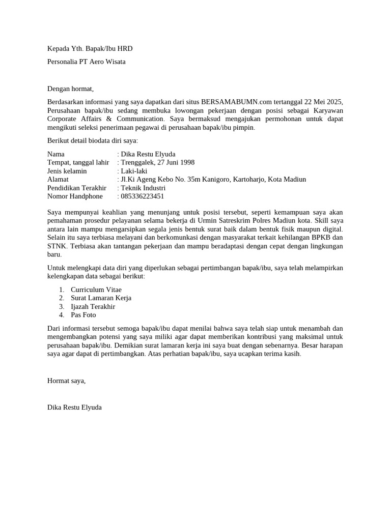 Surat Lamaran Kerja | PDF