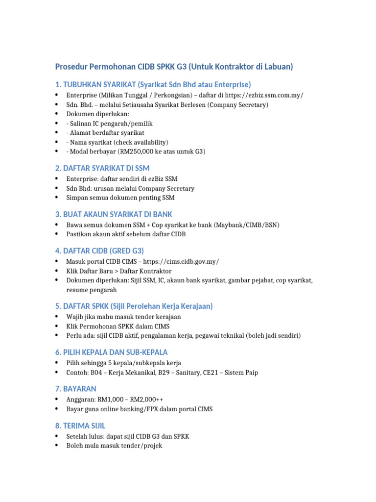 Prosedur CIDB SPKK G3 Labuan | PDF