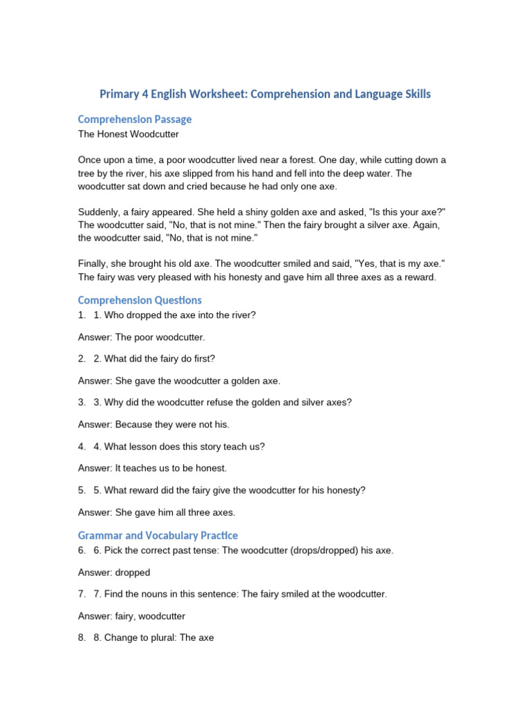Primary 4 English Comprehension Worksheet | PDF
