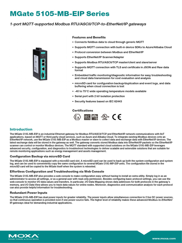 Moxa Mgate 5105 MB Eip Series Datasheet v1.2 | PDF | Transmission ...