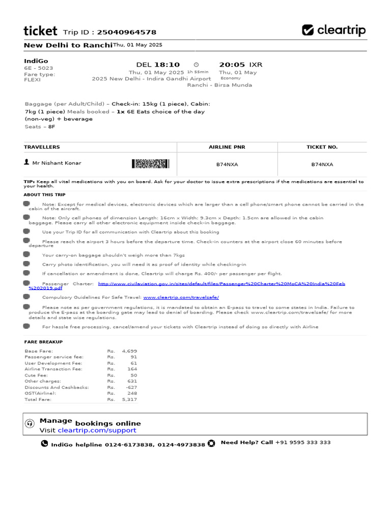 Cleartrip Flight Domestic E-Ticket | PDF | Aviation | Transport