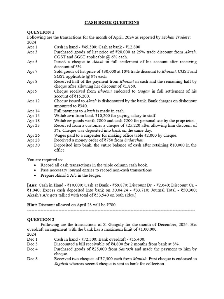 Cash Book Transactions and Ledger Entries | PDF | Cheque | Banks