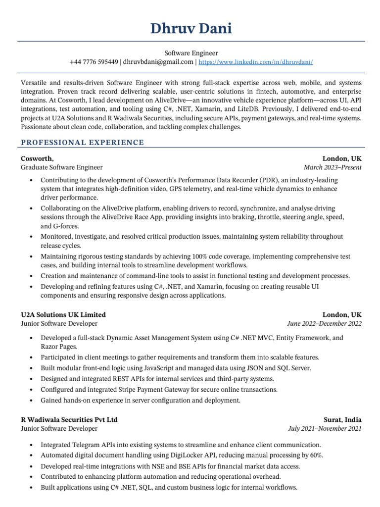 Dhruv Dani Software Engineer Resume | PDF | Xamarin | Software
