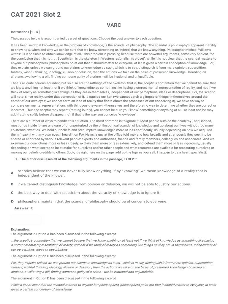 CAT 2021 Slot 2: Instructions (1 - 4) | PDF | Knowledge | Reality