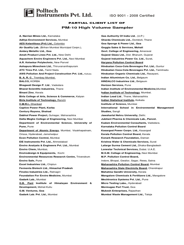 PM-10 Sampler Client List in Goa | PDF | Mumbai
