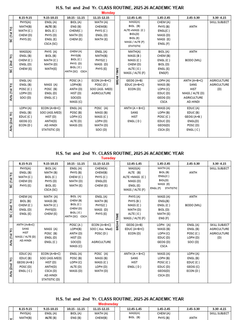 H.S. 1st and 2nd Year Class Routine 2025-26 | PDF