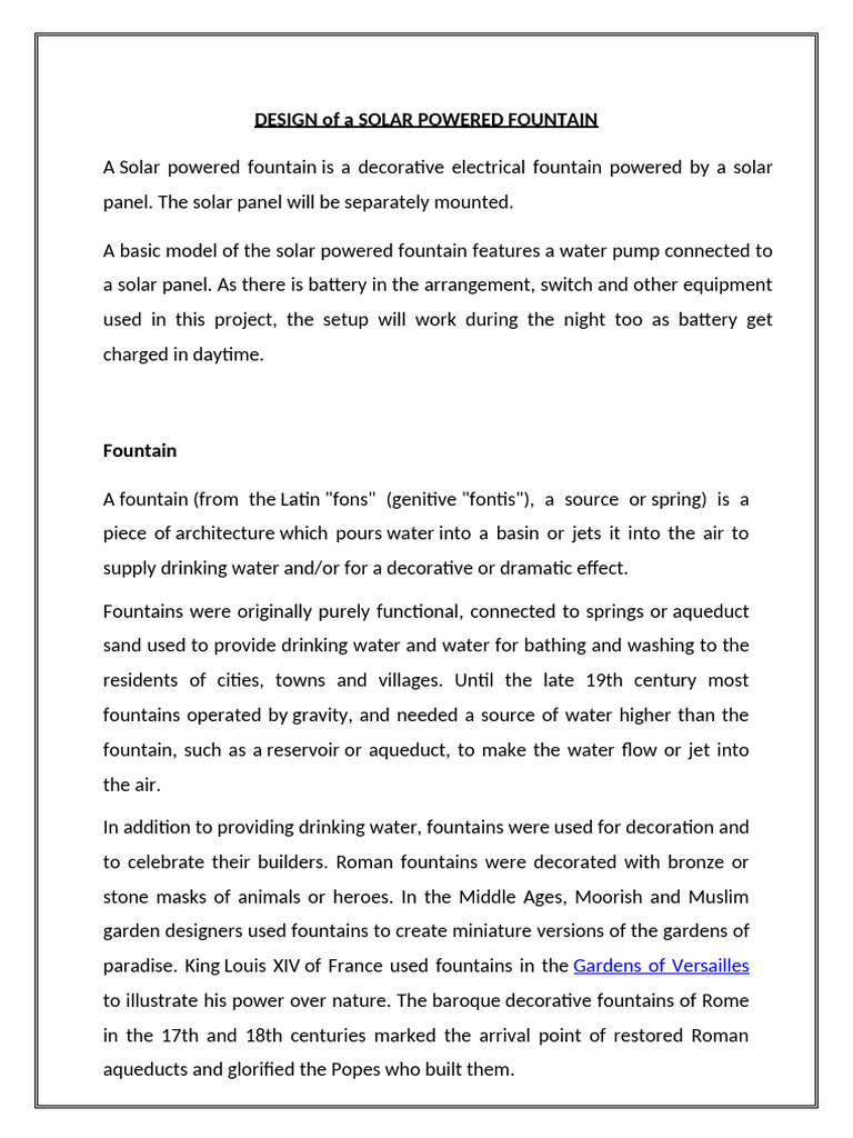 Solar Powered Fountain Design Guide | PDF | Solar Cell | Fountain