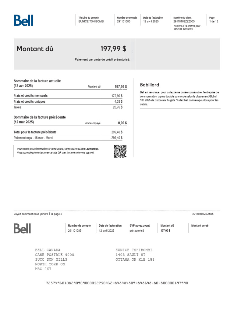Facture Bell - Paiement Préautorisé | PDF | Facture | Crédit