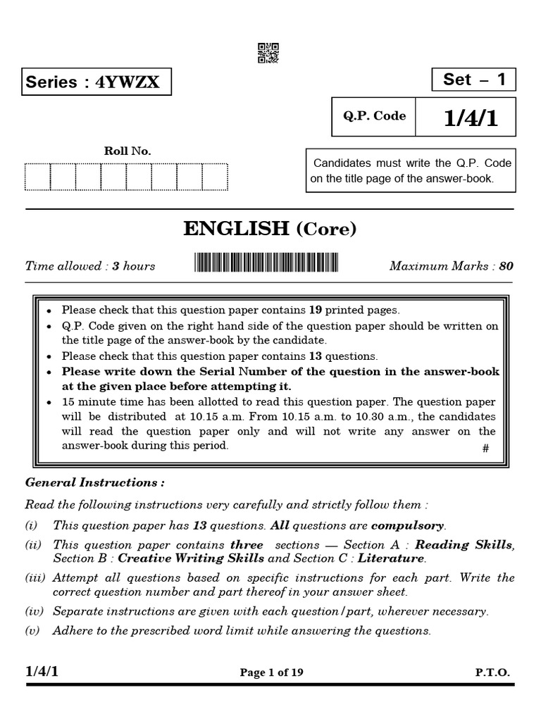 1-4-1 - English Core (Class 12 Board Question Paper 2025) | PDF ...