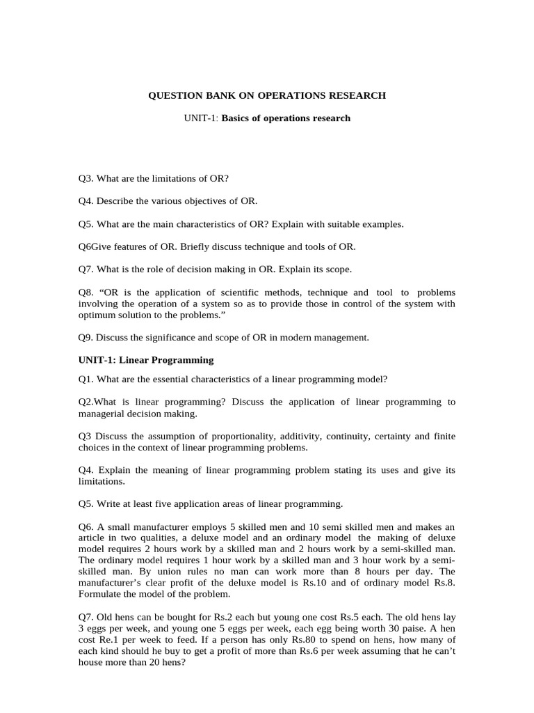 Operation Research Question Bank - PDF For CIE 1 (2 | PDF | Linear Programming