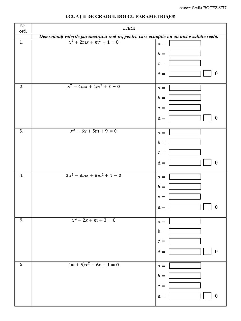 Ecuații de Gradul 2 Cu Parametru (F3) | PDF