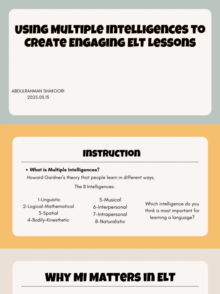 Using Multiple Intelligences To Create Engaging ELT Lessons | PDF