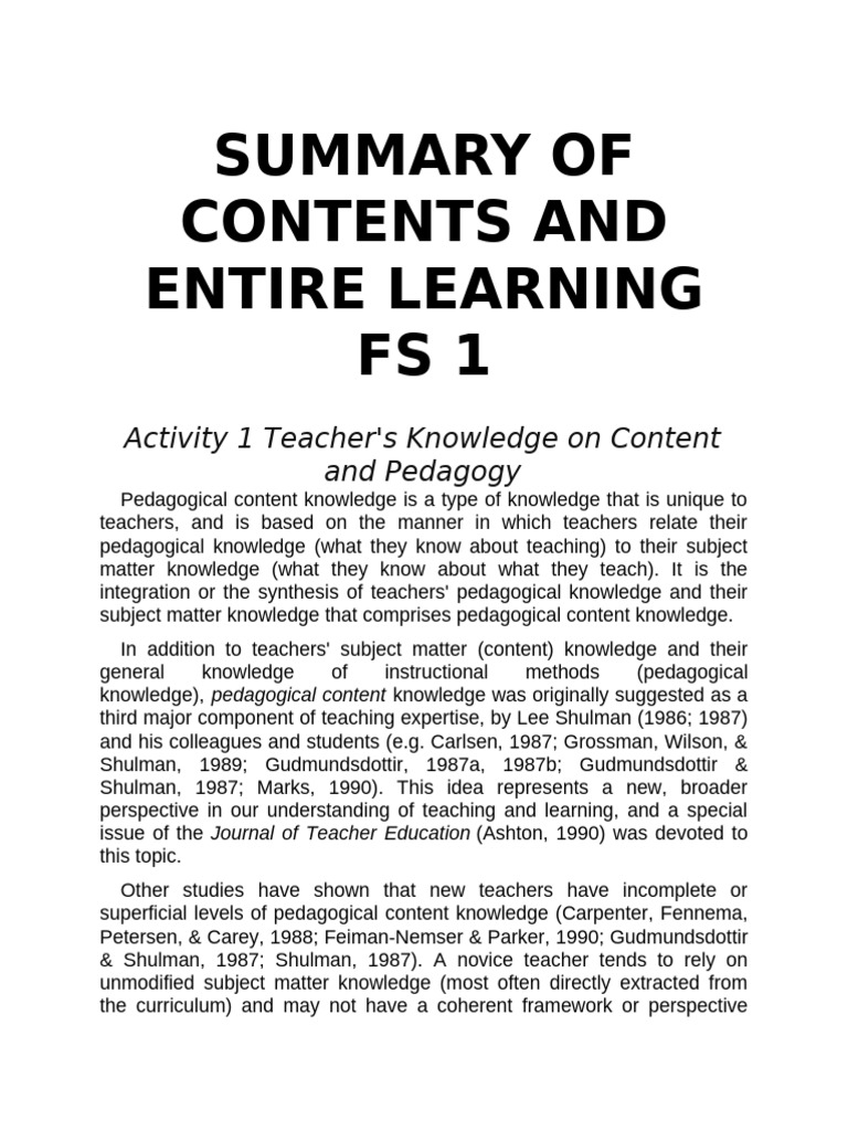 Field Study Summary of Contents and Entire Learning | PDF | Teachers ...