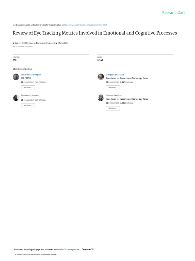 2021 Review Of Eye Tracking Metrics Involved In Emotional And Cognitive Processes Pdf