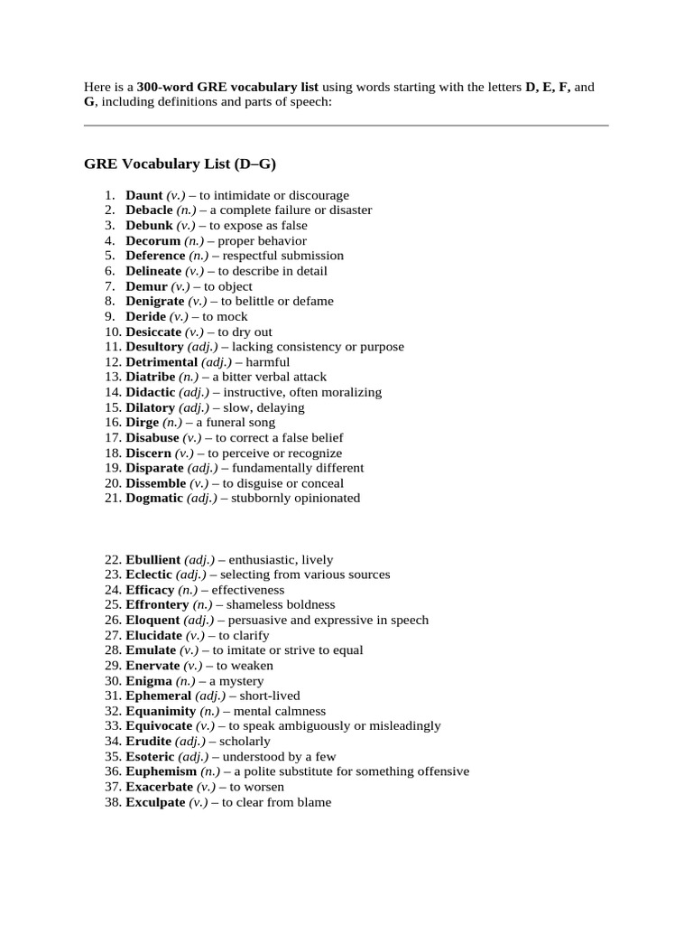 GRE Vocabulary List (D-G) | PDF