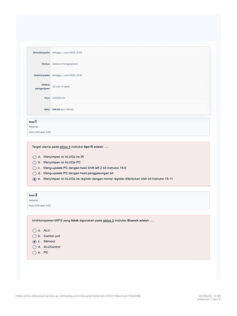 KUIS-14 - Siklus Instruksi MIPS - Reviu Pengerjaan Kuis CeLOE LMS | PDF