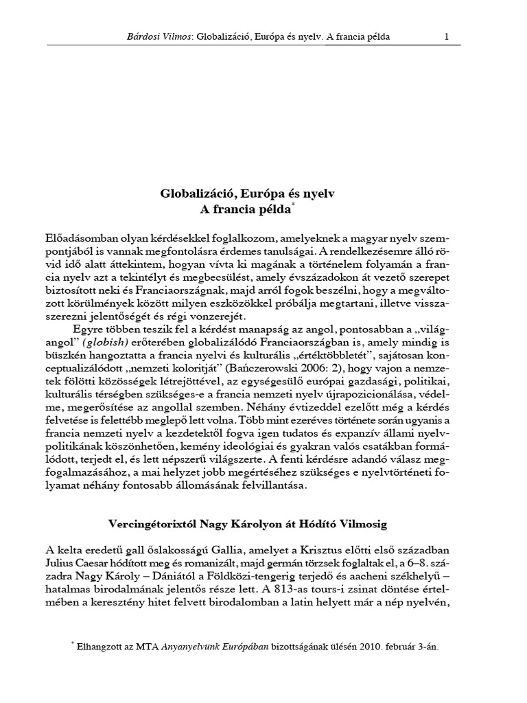 Magyar Nyelv R: Globalizáció, Európa És Nyelv A Francia Példa | PDF