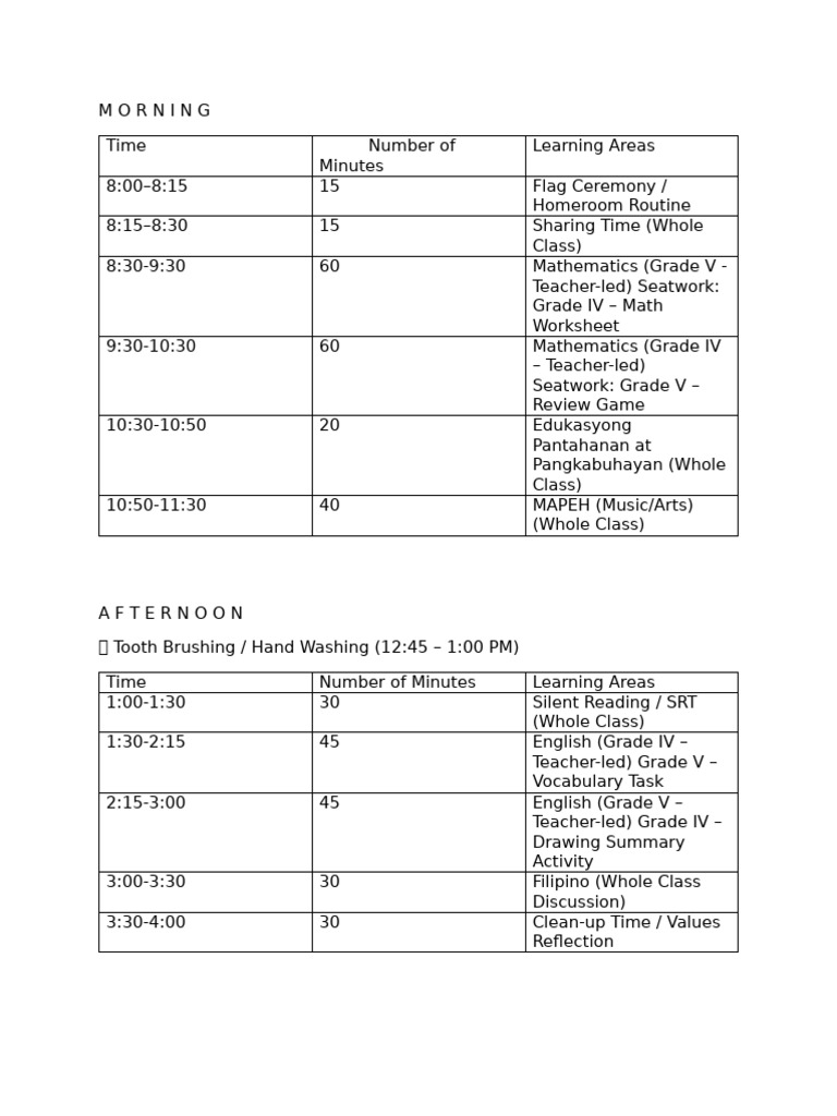 One-Day Timetable Multigrade Class | PDF
