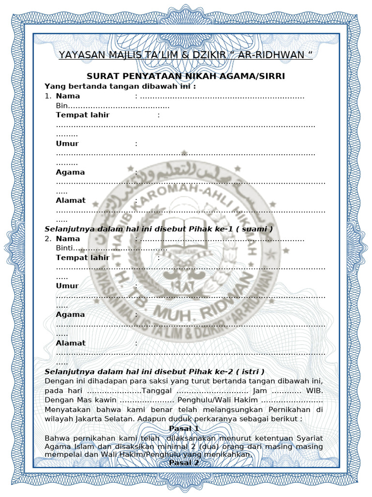 Surat Pernyataan Nikah Sirri 2025 | PDF