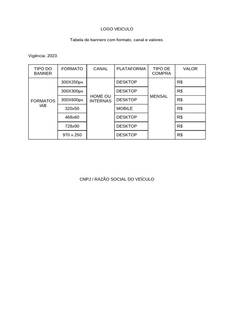 Modelo Tabela de Precos | PDF