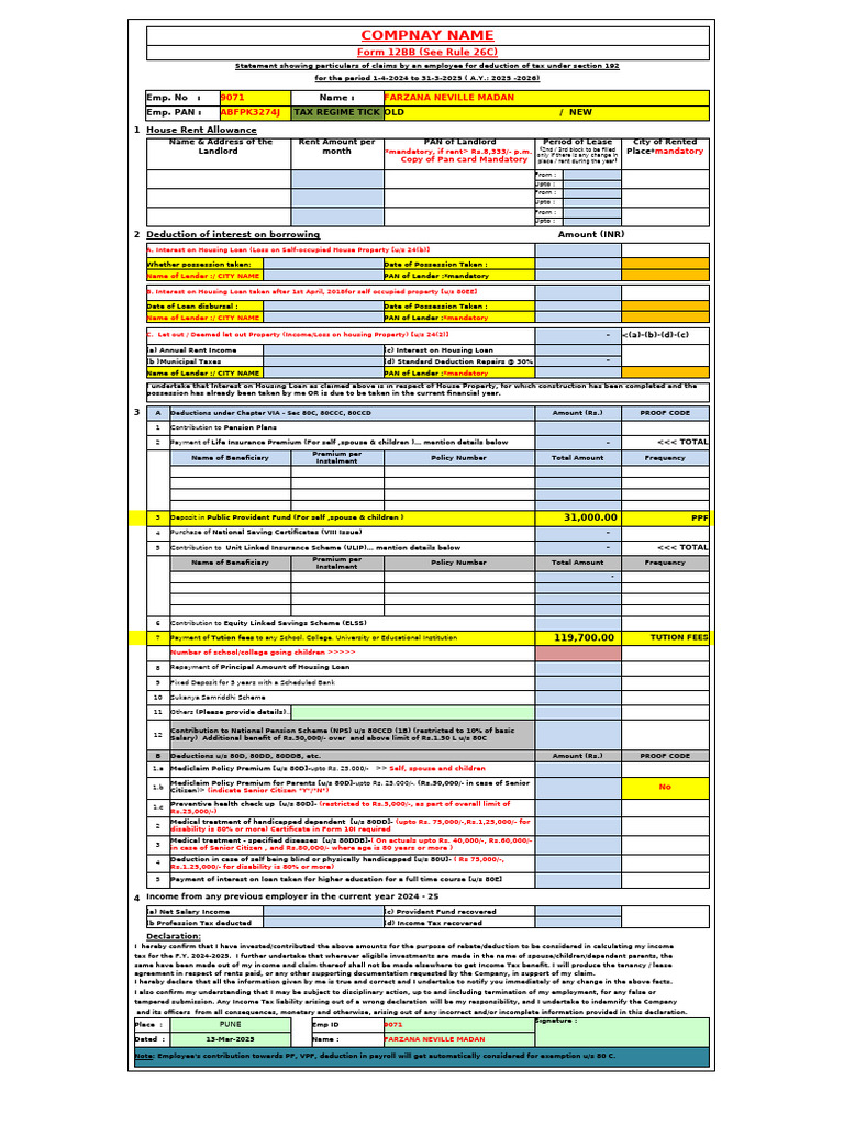 Form 12BB Proofs - 2024-25 | PDF | Insurance | Life Insurance
