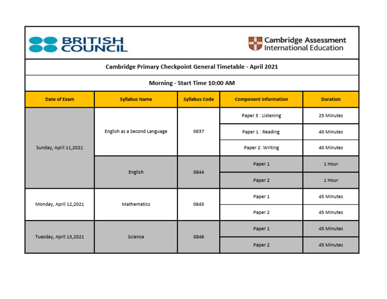 Cambridge Primary Checkpoint General Timetable | PDF