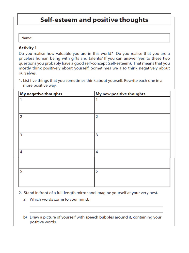Topic 1 Activity 1 Self Esteem and Positive Thoughts | PDF