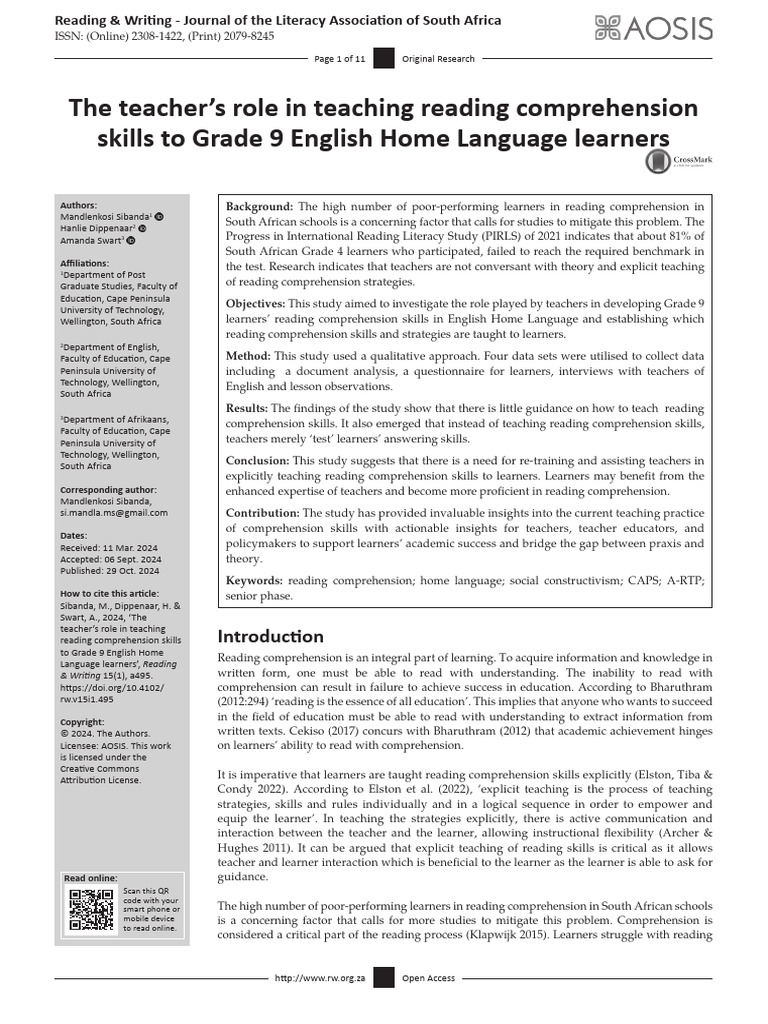 The Teachers Role in Teaching Reading Comprehensi | PDF | Reading ...