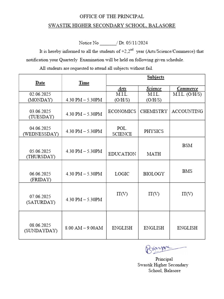 Exam Shedule 2nd Year Quarterly | PDF