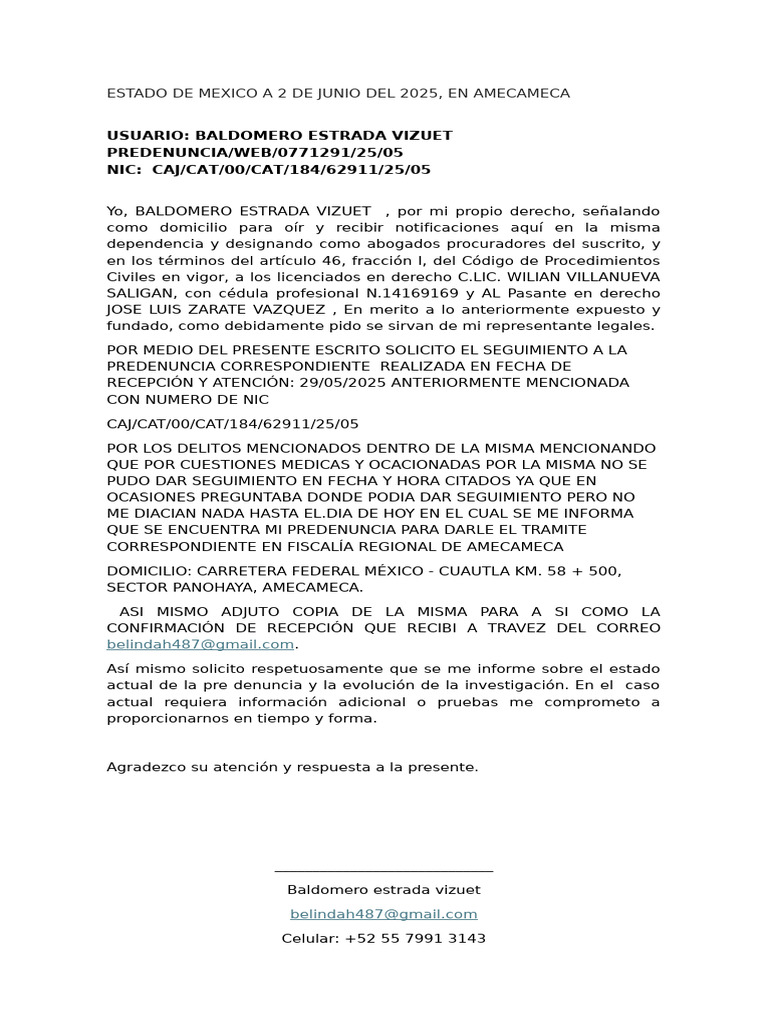 Usuario: Baldomero Estrada Vizuet PREDENUNCIA/WEB/0771291/25/05 Nic: CAJ/CAT/00/CAT/184/62911/25 ...