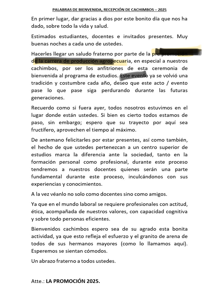 Palabras de Bienvenida Cachimbos 2025 | PDF