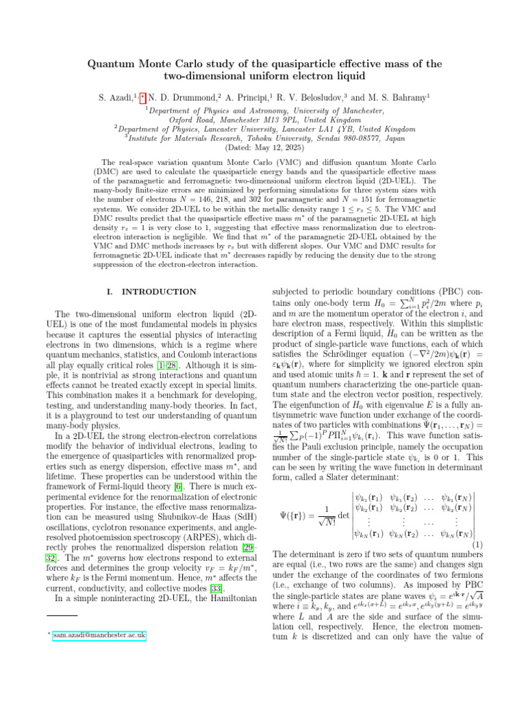 Quantum Monte Carlo Study of The Quasiparticle Effective Mass of The ...