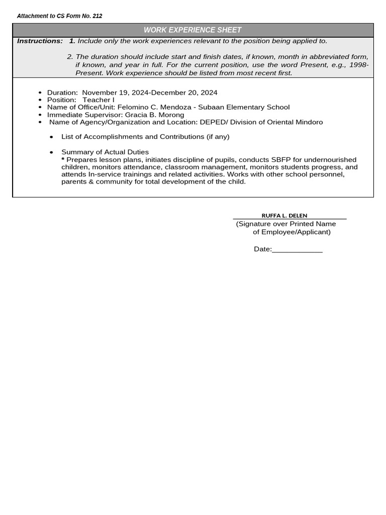 CS Form No 212 Work Experience Sheet-Irish | PDF