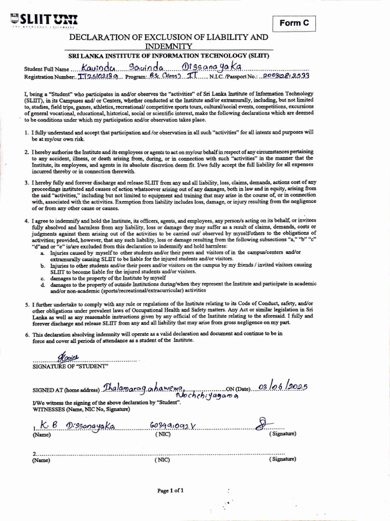 Indemnity Form | PDF