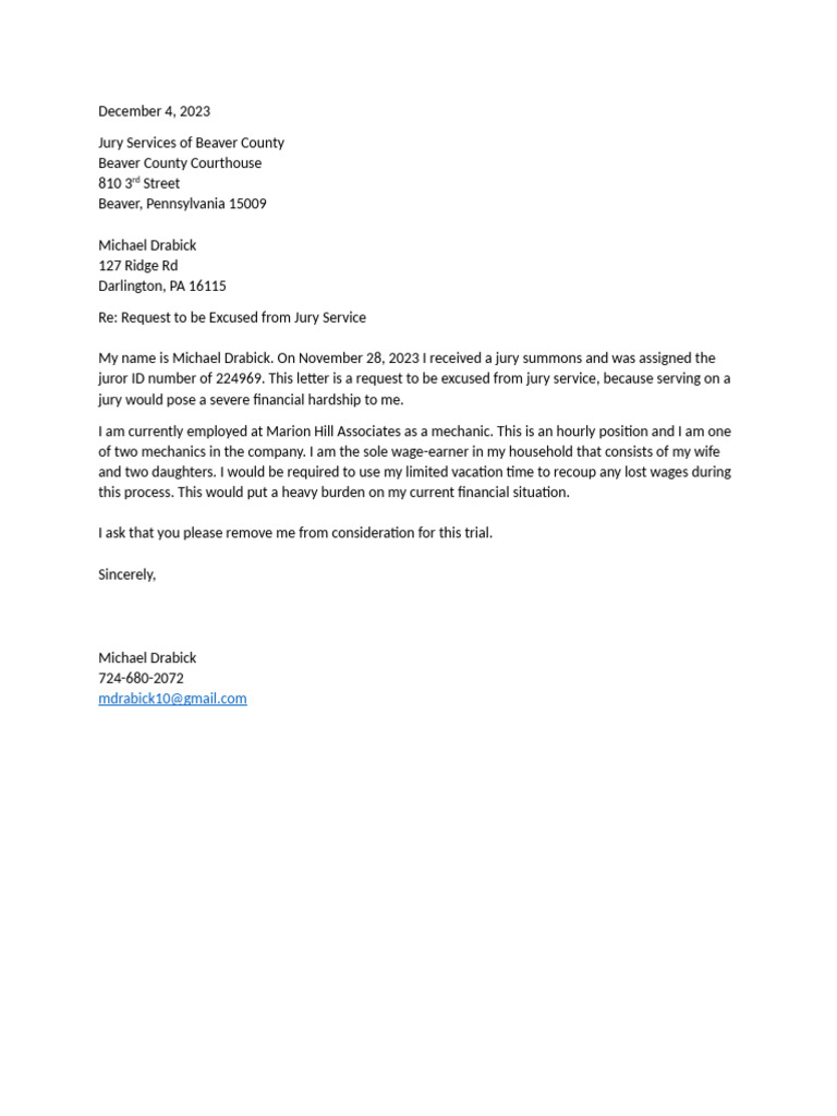 Mike Drabick Jury Letter | PDF