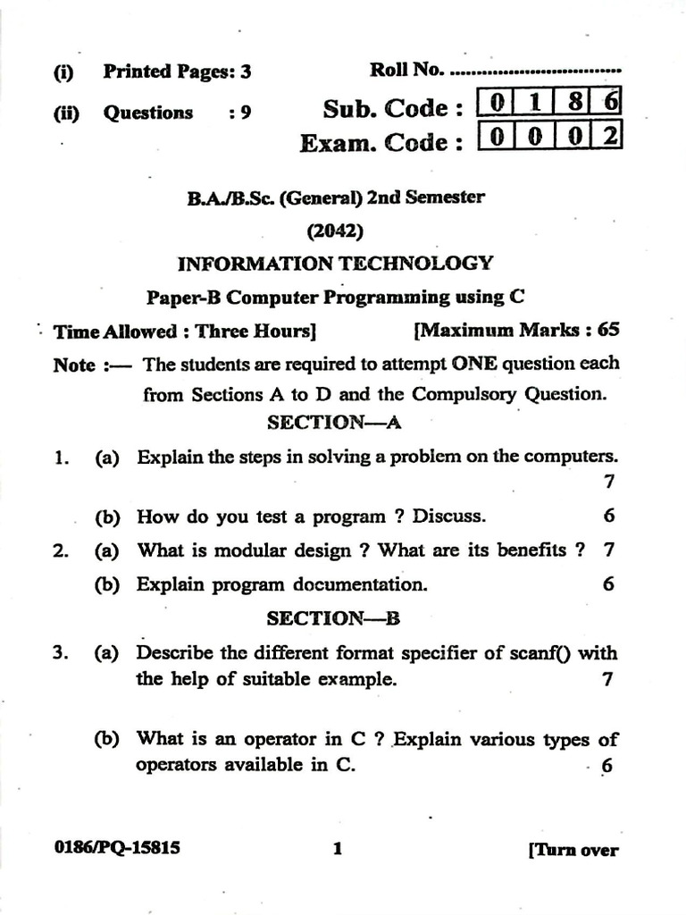 B.A B.SC - General - 2nd Sem - IT - Paper B Computer Programming Using C - June 2022 | PDF