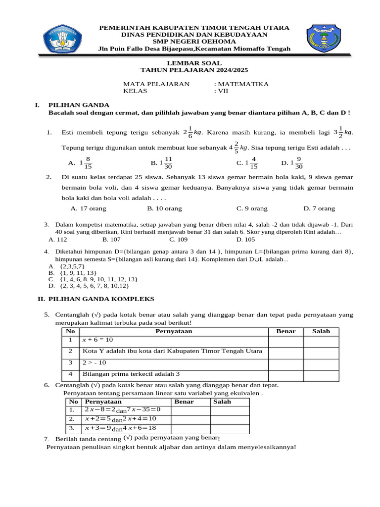 Lembar Soal Paket 1 Matematika 2025 Santi Oehoma | PDF