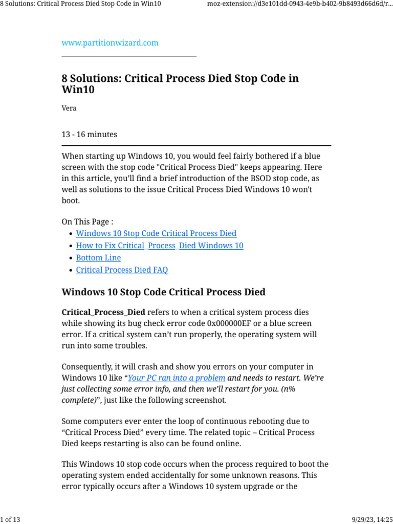 Fixing Windows 10 Critical Process Died | PDF | Booting | Hard Disk Drive