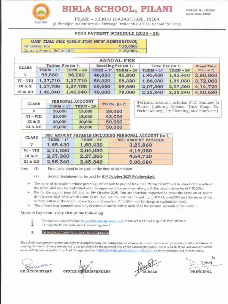 Fees Payment Schedule 2025-26 | PDF