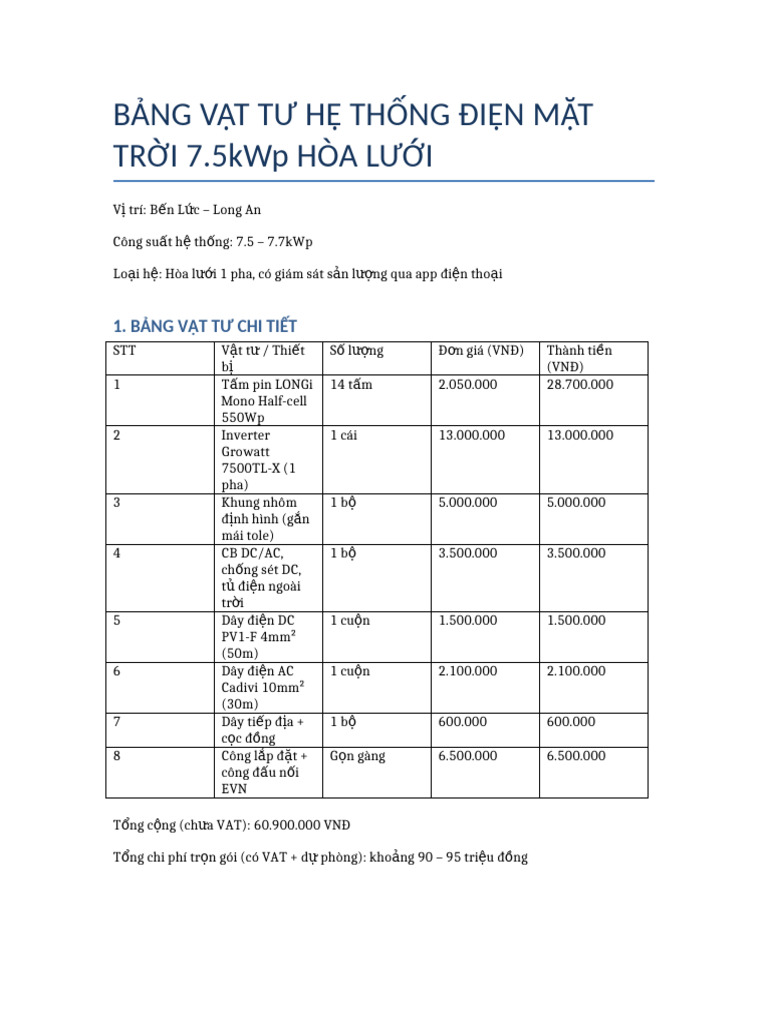 Bang Vat Tu Dien Mat Troi 7.5kWp Ben Luc | PDF
