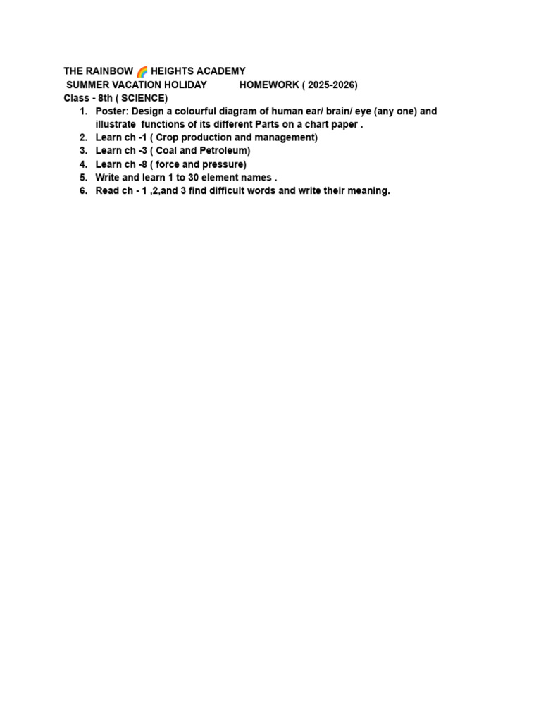 Class 8th Science Holiday Homework | PDF