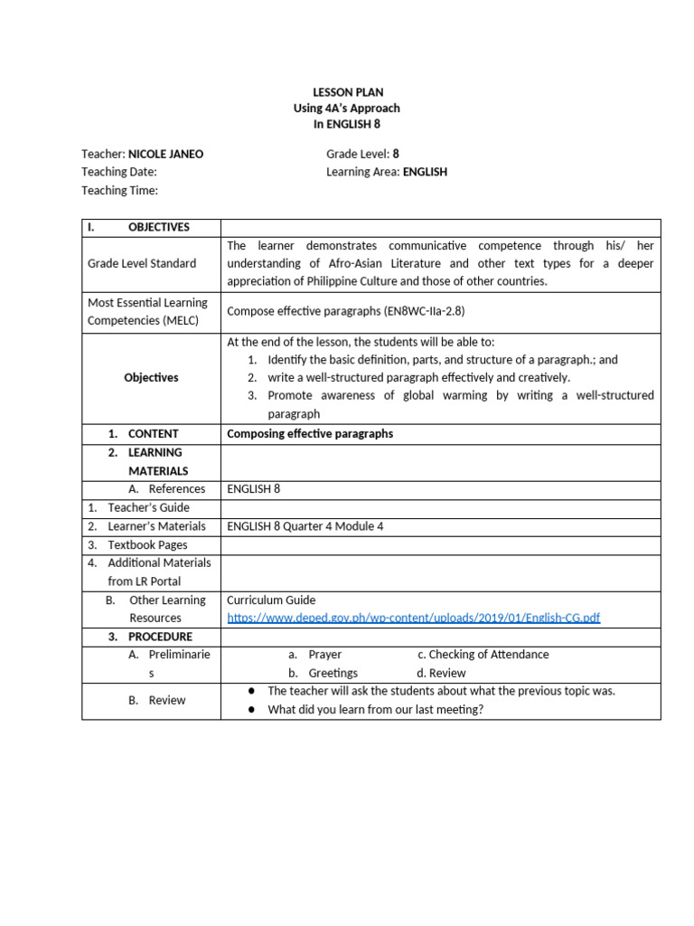 Lesson Plan: Composing Paragraphs in English 8 | PDF | Learning | Teachers