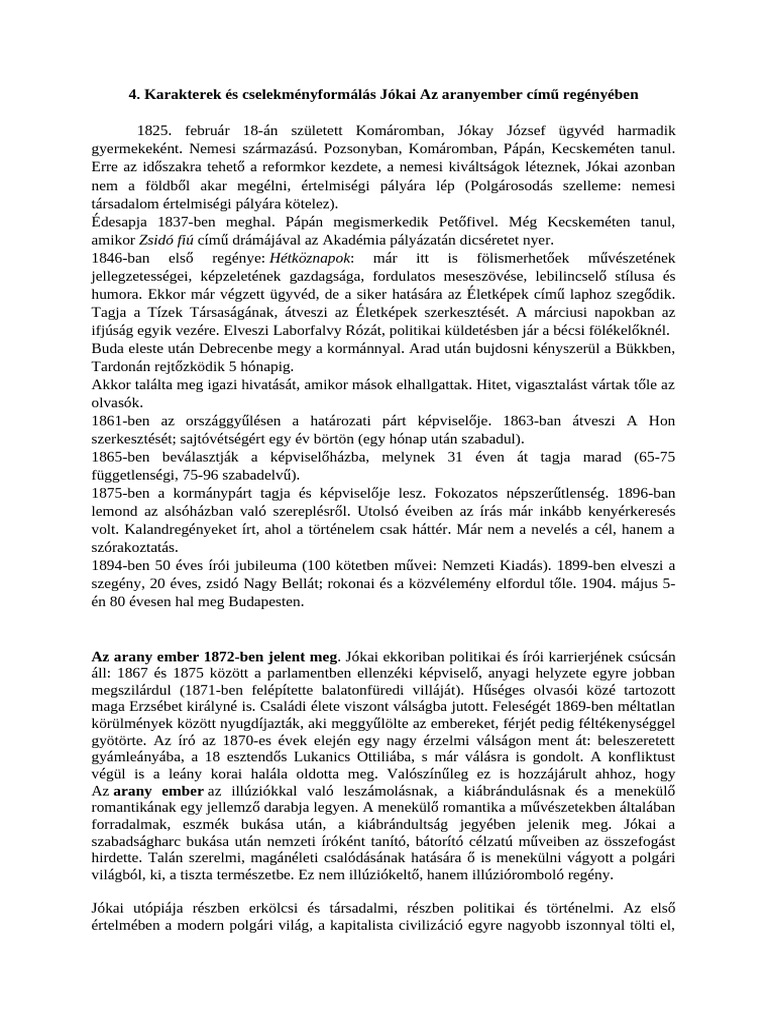 Karakterek És Cselekményformálás Jókai Az Aranyember Című Regényében | PDF