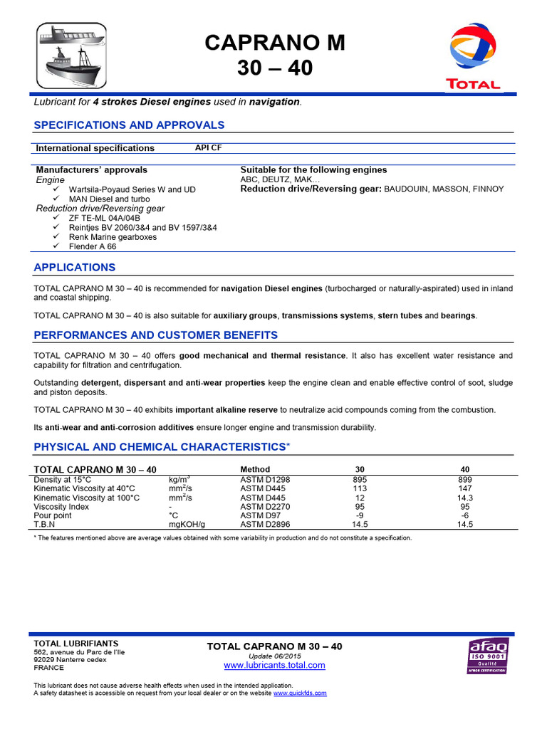 Total Caprano M 30-40 Lubricant Guide | PDF | Diesel Engine | Engines