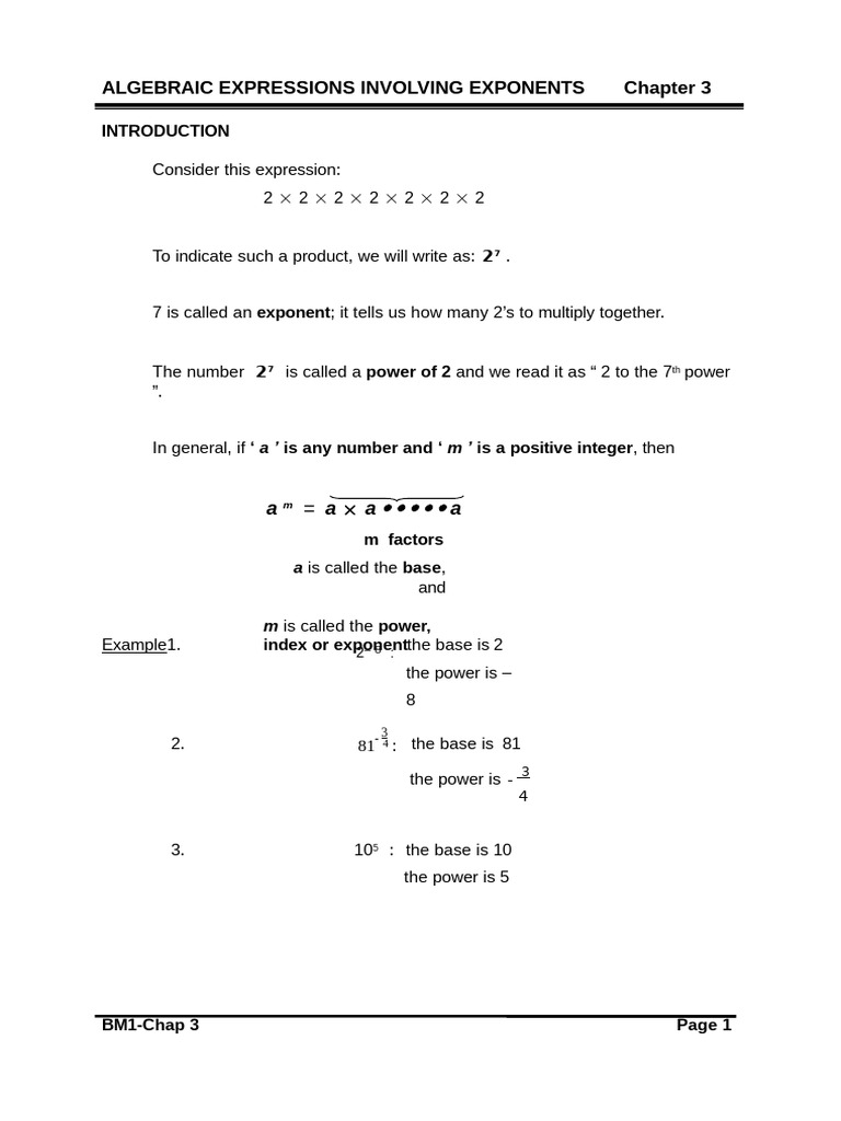 Chapter 3 Algebraic Expressions Involving Exponents | PDF | Exponentiation | Numbers