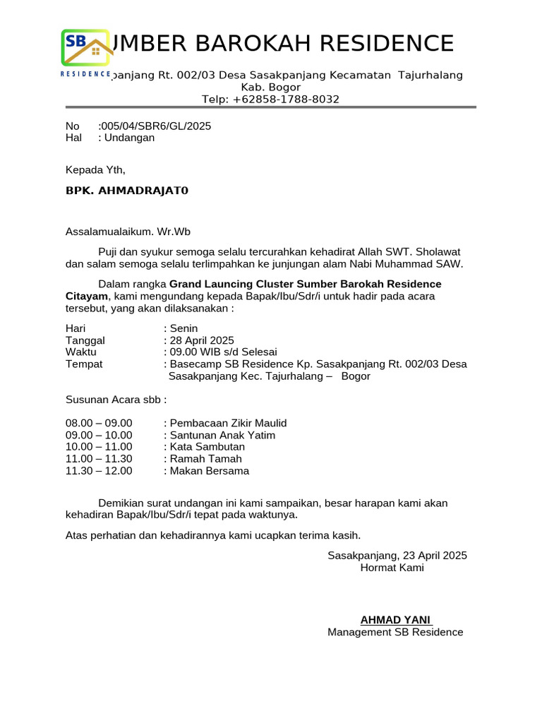 Undangan Grand Launching SB Residence | PDF