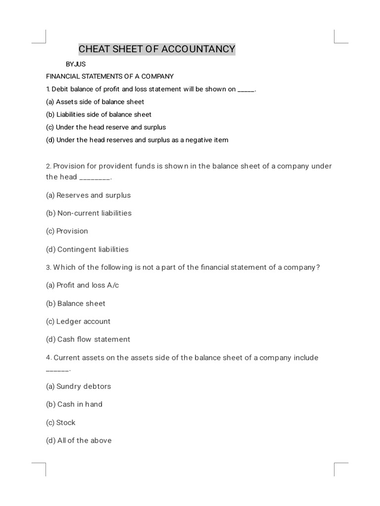 Accountancy Cheat Sheet: Financial Statements | PDF | Cash Flow ...