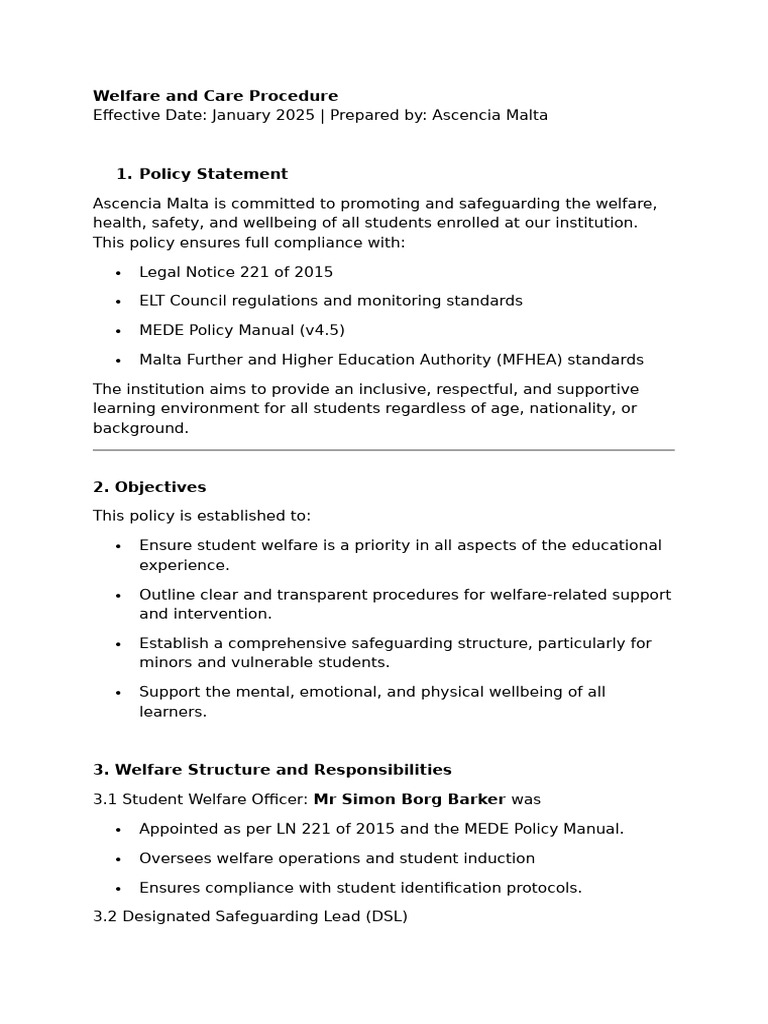 Welfare and Care Procedure | PDF | Social Policy